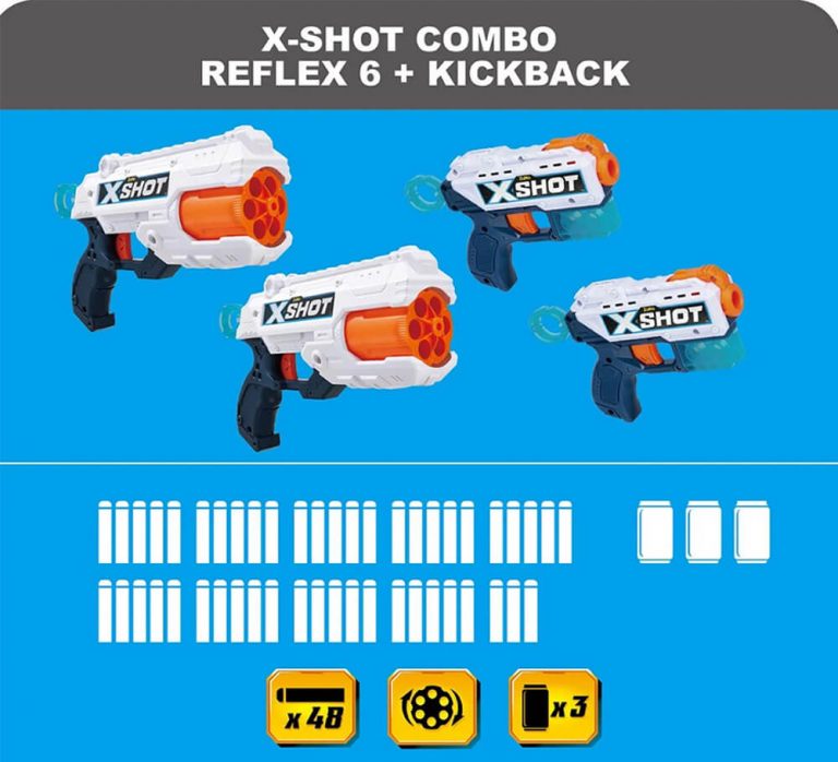 X-Shot 2 Reflex6 & 2 Kickback | 48 Darts & 3 Cans - Big Value Shop